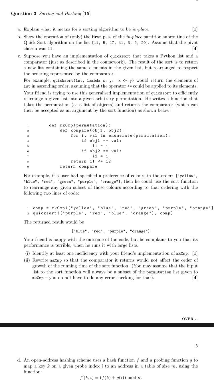 Solved Question 3 Sorting And Hashing [15] A Explain What