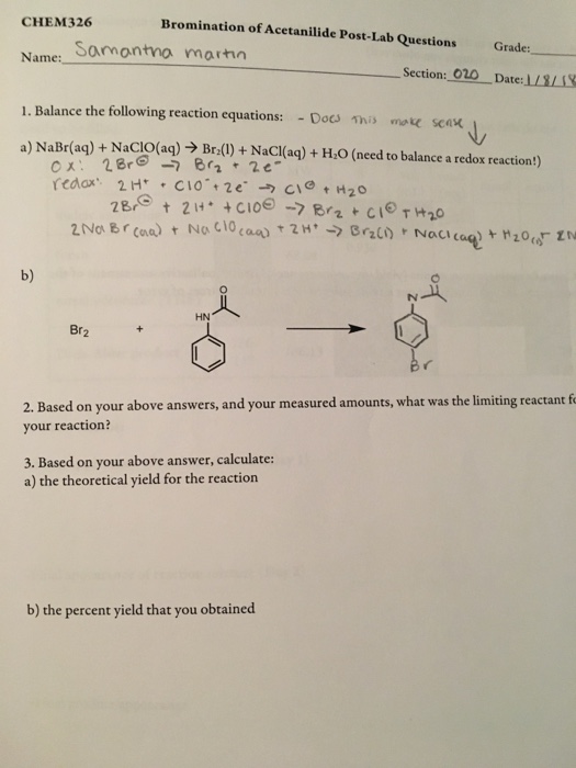 Solved Chem326 Bromination Of Acetanilide Post Lab Questions