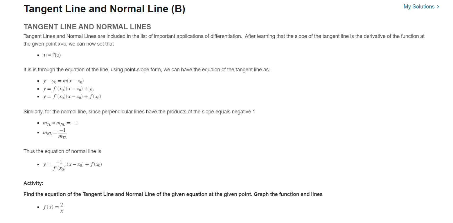 Solved TANGENT LINE AND NORMAL LINES the given point x=c, we | Chegg.com