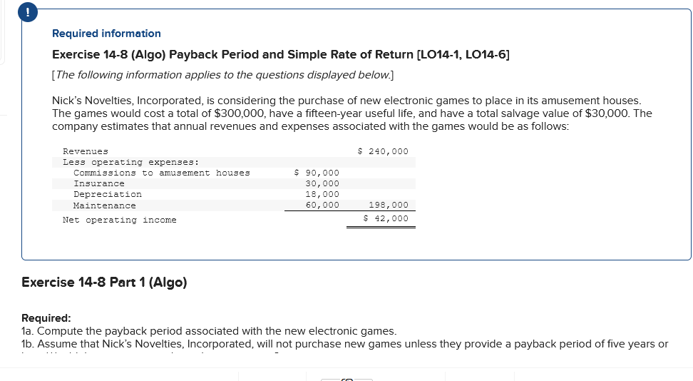 Solved Exercise 14-8 (Algo) Payback Period and Simple Rate | Chegg.com