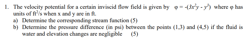 Solved 1. The velocity potential for a certain inviscid flow | Chegg.com