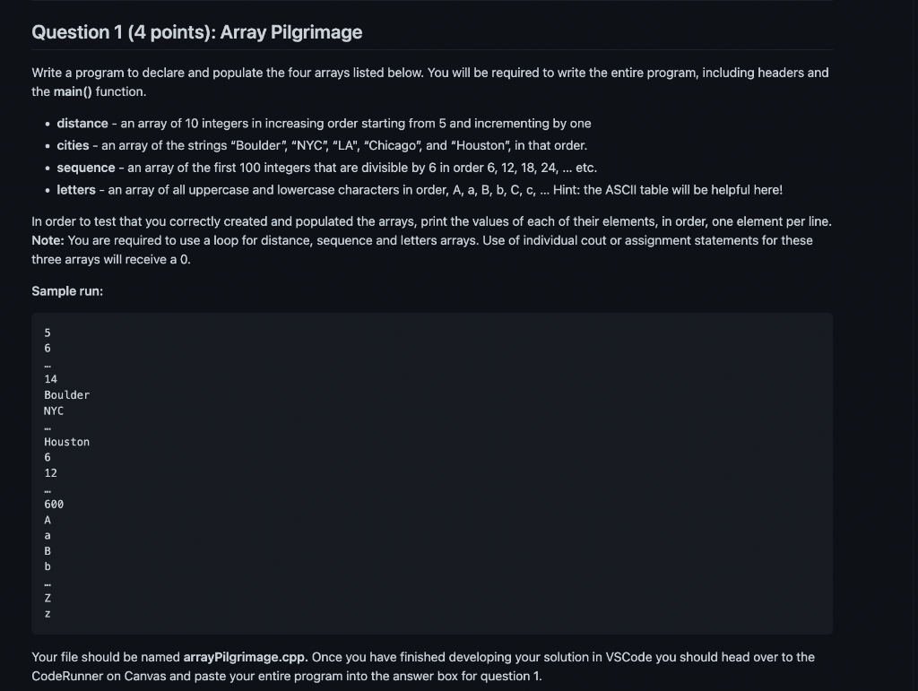 Solved Question 1 (4 points): Array Pilgrimage Write a | Chegg.com