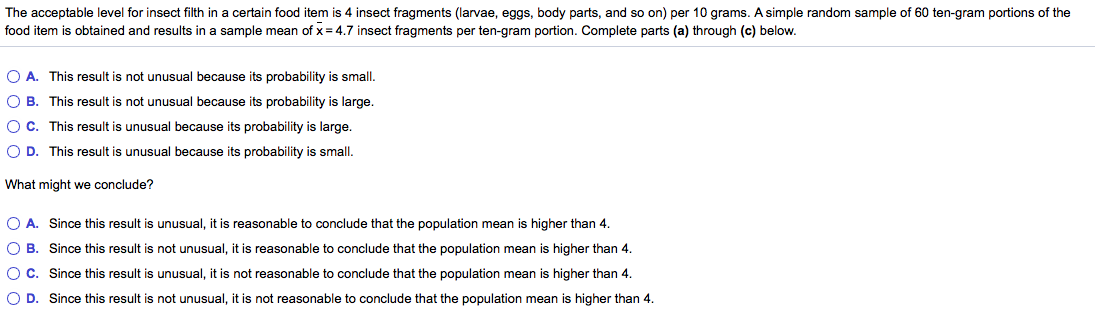 Solved The acceptable level for insect filth in a certain | Chegg.com