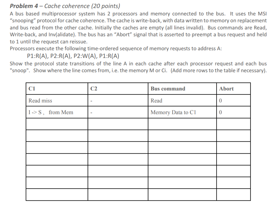 Problem 4-Cache coherence (20 points) A bus based | Chegg.com