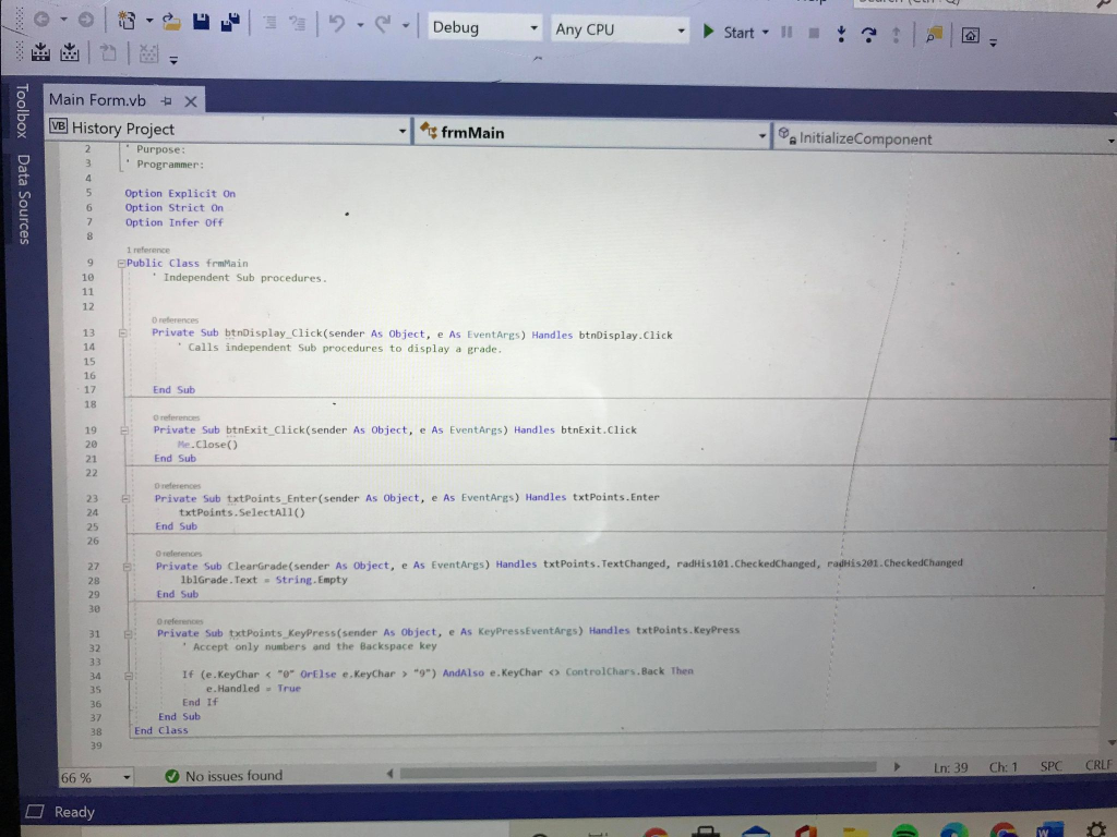 Solved - 3 2 - Debug Any CPU Start A Main Form.vbX | Chegg.com