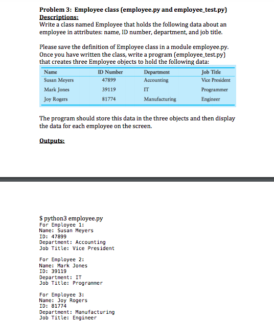 Solved Problem 3: Employee class (employee.py and | Chegg.com