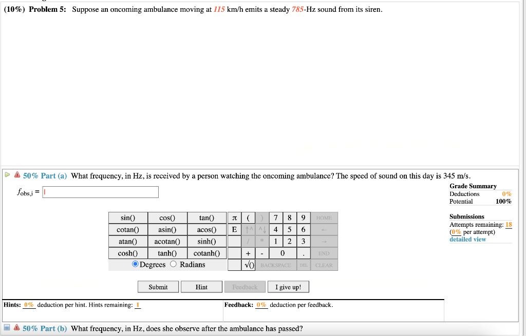 Solved (10%) Problem 5: Suppose an oncoming ambulance moving | Chegg.com