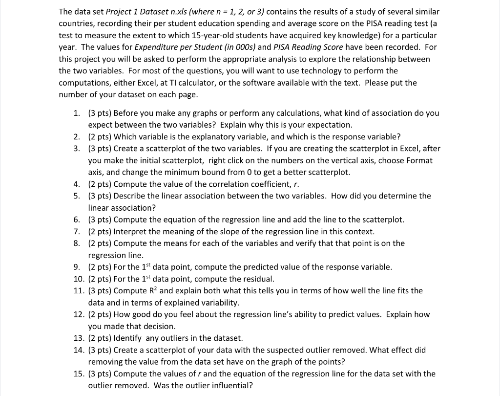 Solved The data set Project 1 Dataset n.xls (where n = 1, 2, | Chegg.com