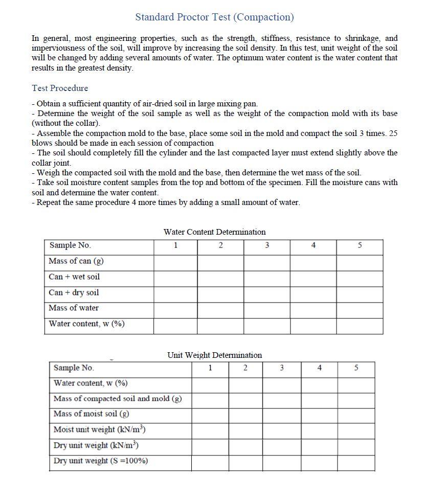 Solved Standard Proctor Test (Compaction) In general, most | Chegg.com