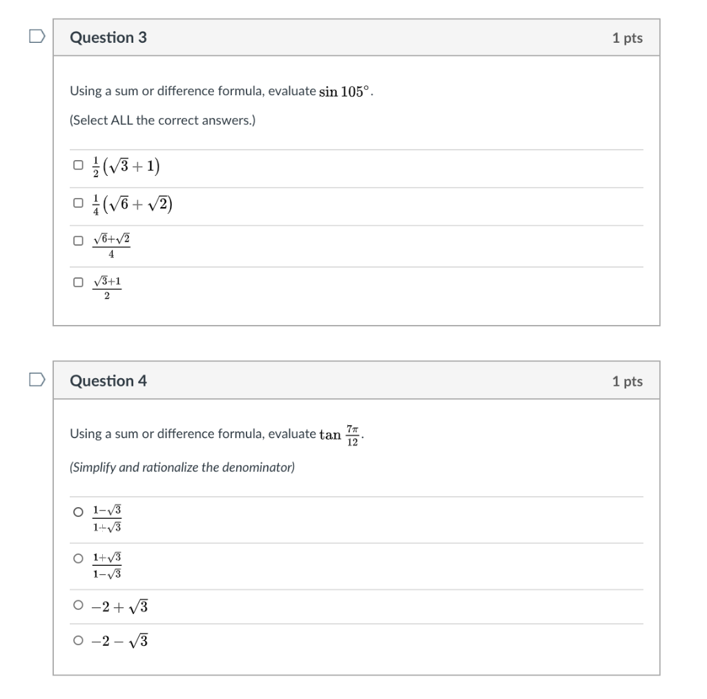 Solved Question 3 1 pts Using a sum or difference formula, | Chegg.com
