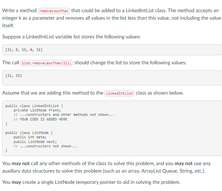Solved Write a method that could be added to a LinkedlntList | Chegg.com