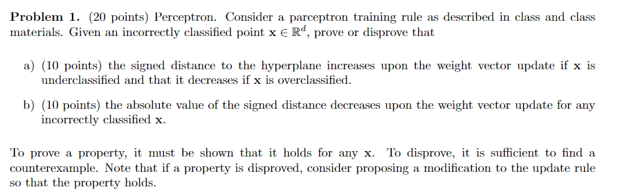 Solved Problem 1. (20 points) Perceptron. Consider a | Chegg.com