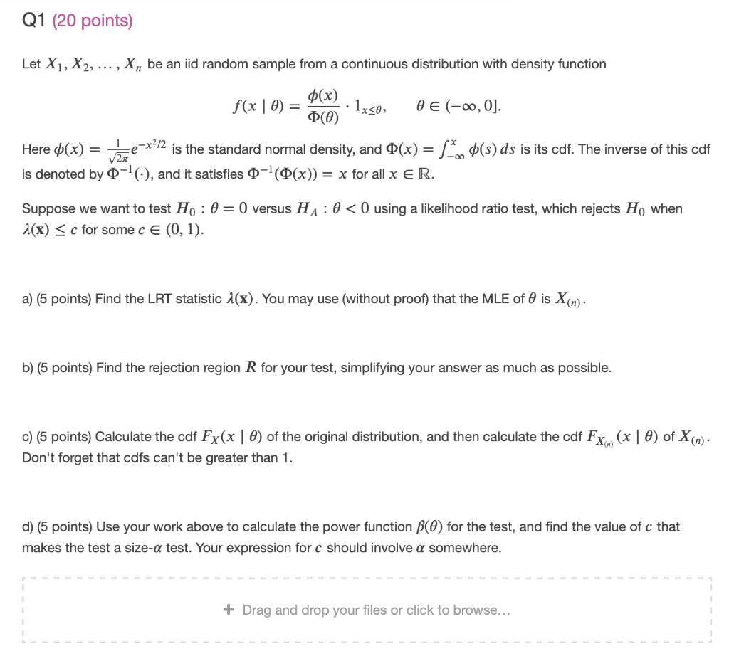 Solved Q1 (20 points) Let X1, X2, ... , Xn be an iid random | Chegg.com