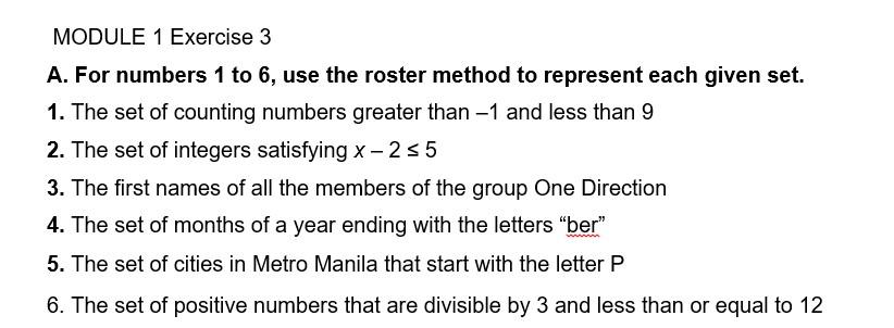 Solved MODULE 1 Exercise 3 A. For numbers 1 to 6 , use the | Chegg.com