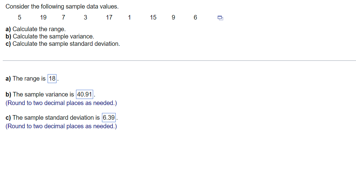Solved Consider the following sample data values.a) | Chegg.com