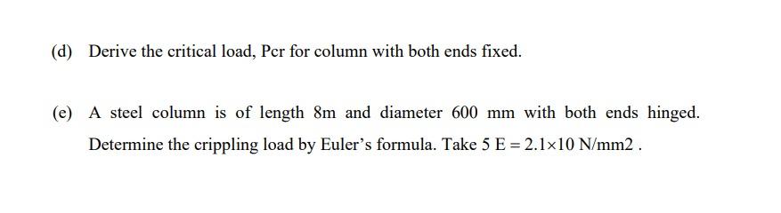 Solved (d) Derive the critical load, Pcr for column with | Chegg.com