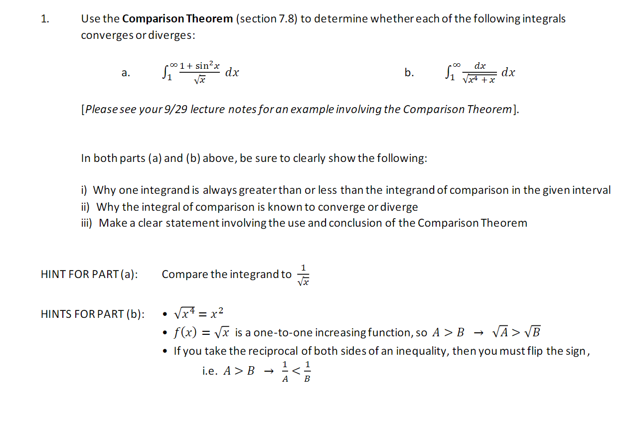 Solved 1 Use The Comparison Theorem Section 7 8 To