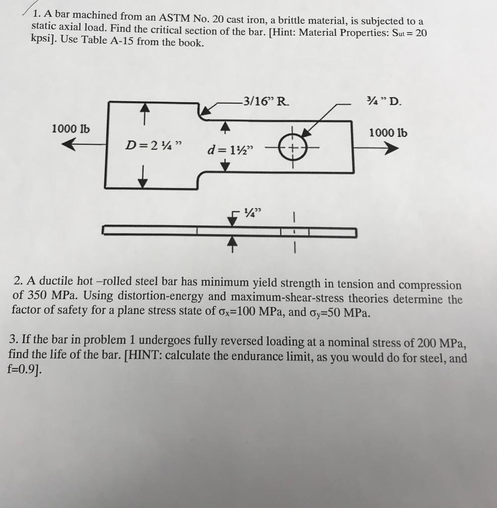 Solved 1. A bar machined static axial load. Find the | Chegg.com