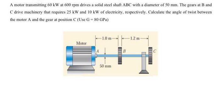 Solved A motor transmitting 60 kW at 600 rpm drives a solid | Chegg.com
