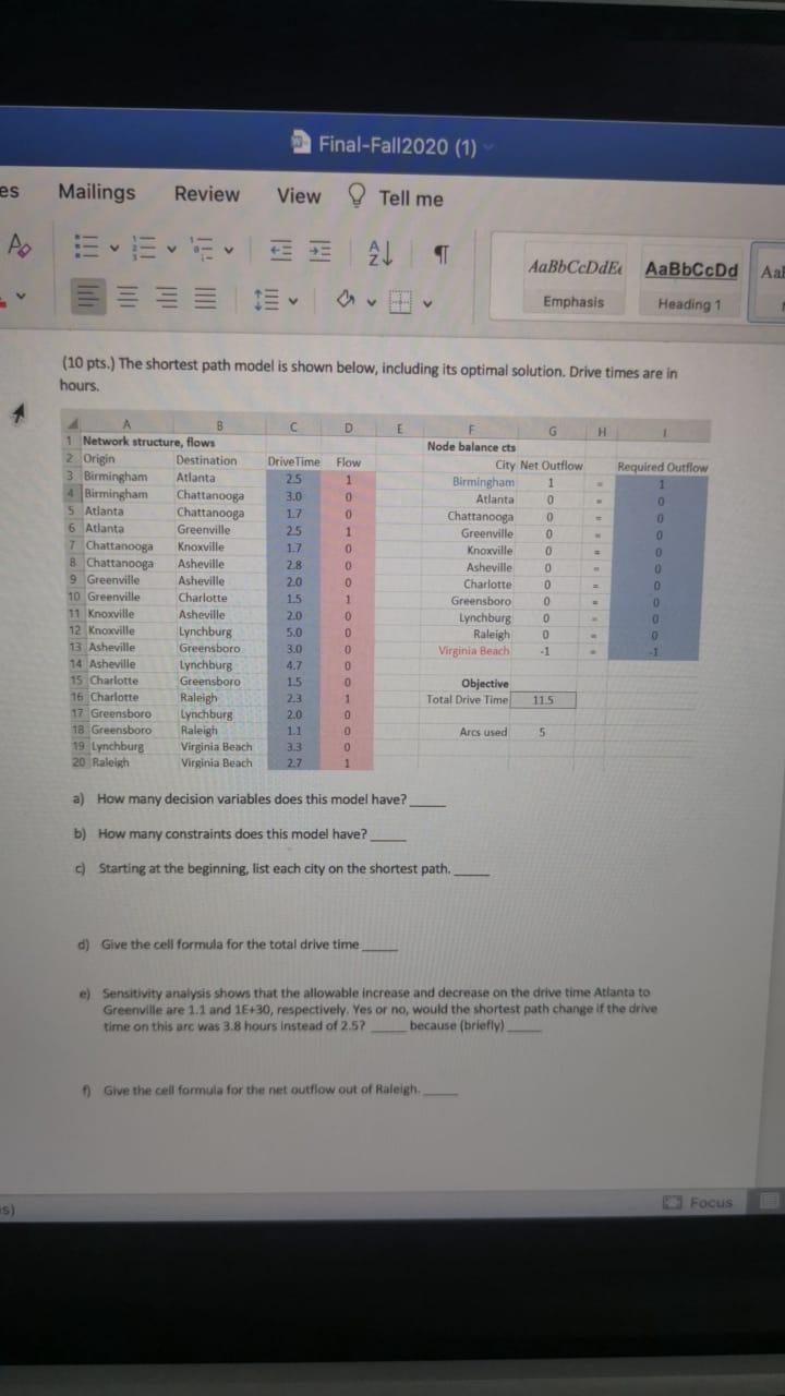 10 pts.) The shortest path model is shown below, | Chegg.com