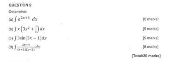 Solved ∫e2x+3dx ∫x(3x2+x7)dx ∫3sin(3x−1)dx ∫(x+1)(x−2)2x+4dx | Chegg.com