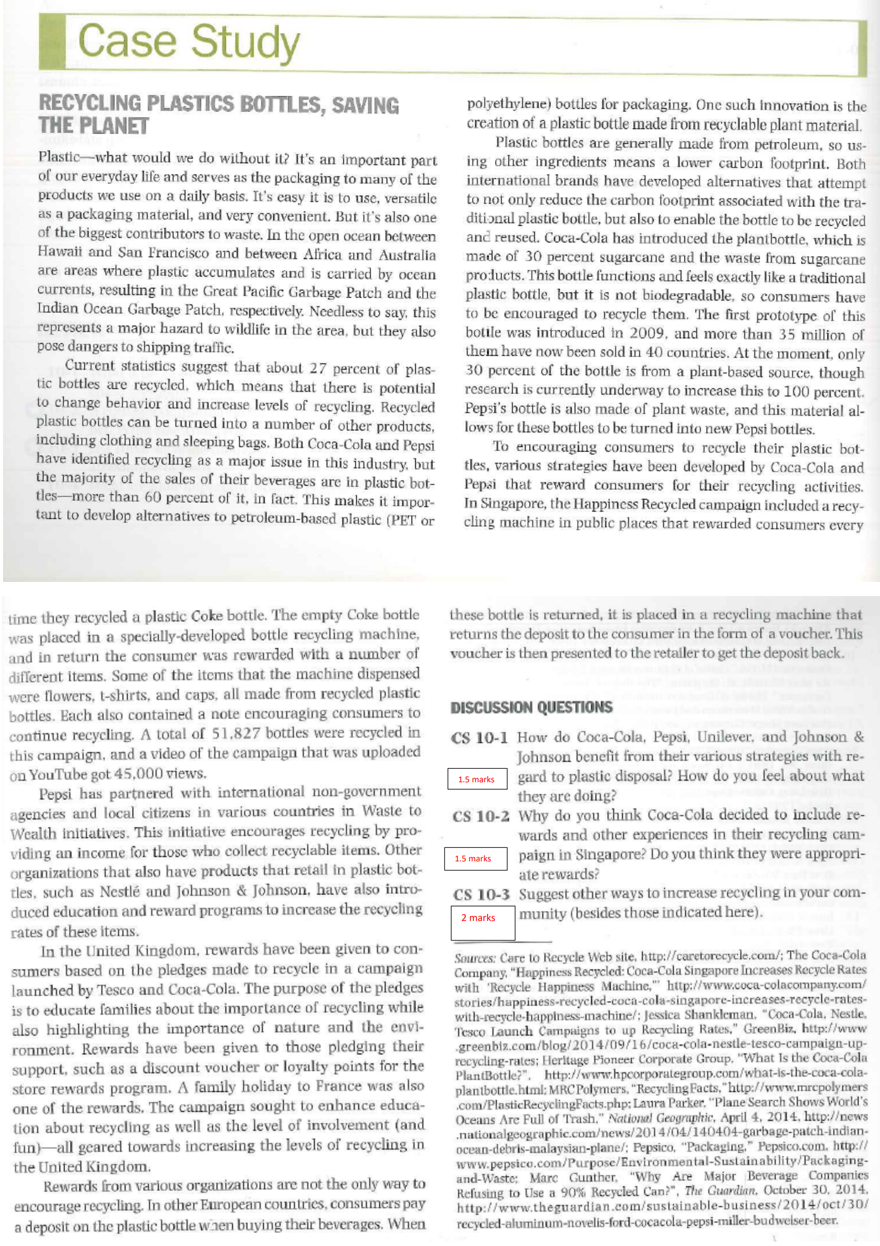 Solved Case Study RECYCLING PLASTICS BOTTLES, SAVING THE | Chegg.com