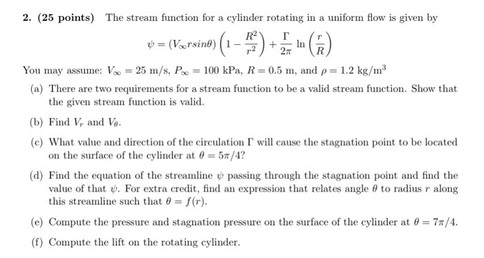 Solved 2. (25 points) The stream function for a cylinder | Chegg.com