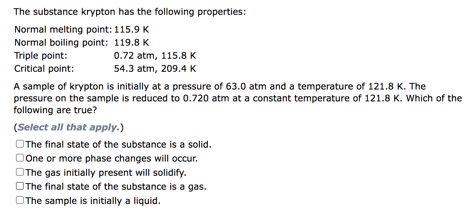 Solved The substance krypton has the following properties: | Chegg.com