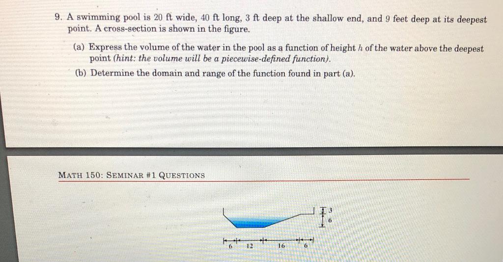 Solved 9. A swimming pool is 20ft wide, 40ft long, 3ft deep | Chegg.com
