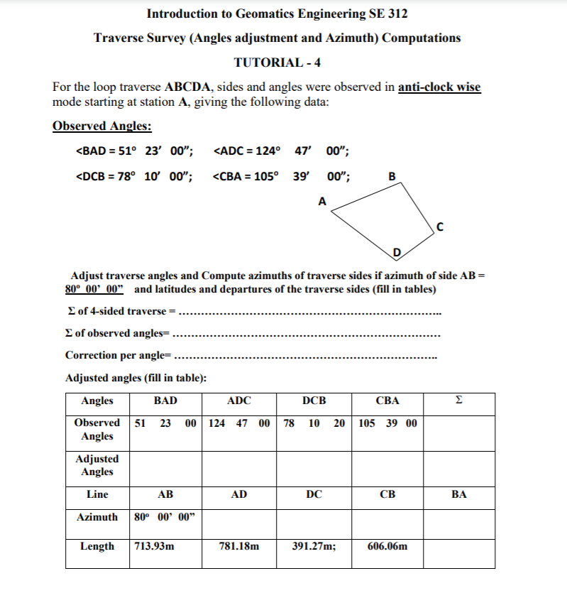 Solved Introduction to Geomatics Engineering SE 312 Traverse | Chegg.com