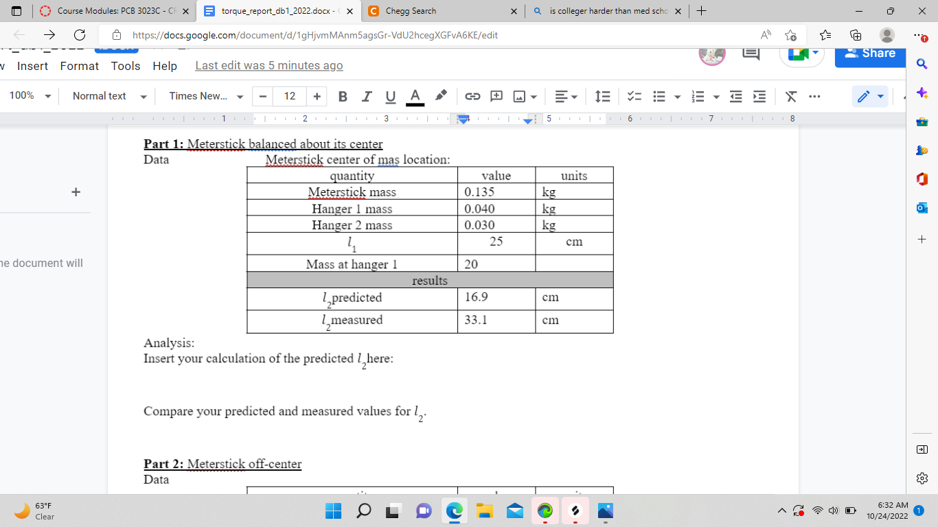 Part 1: Meterstick balanced about its center Data | Chegg.com
