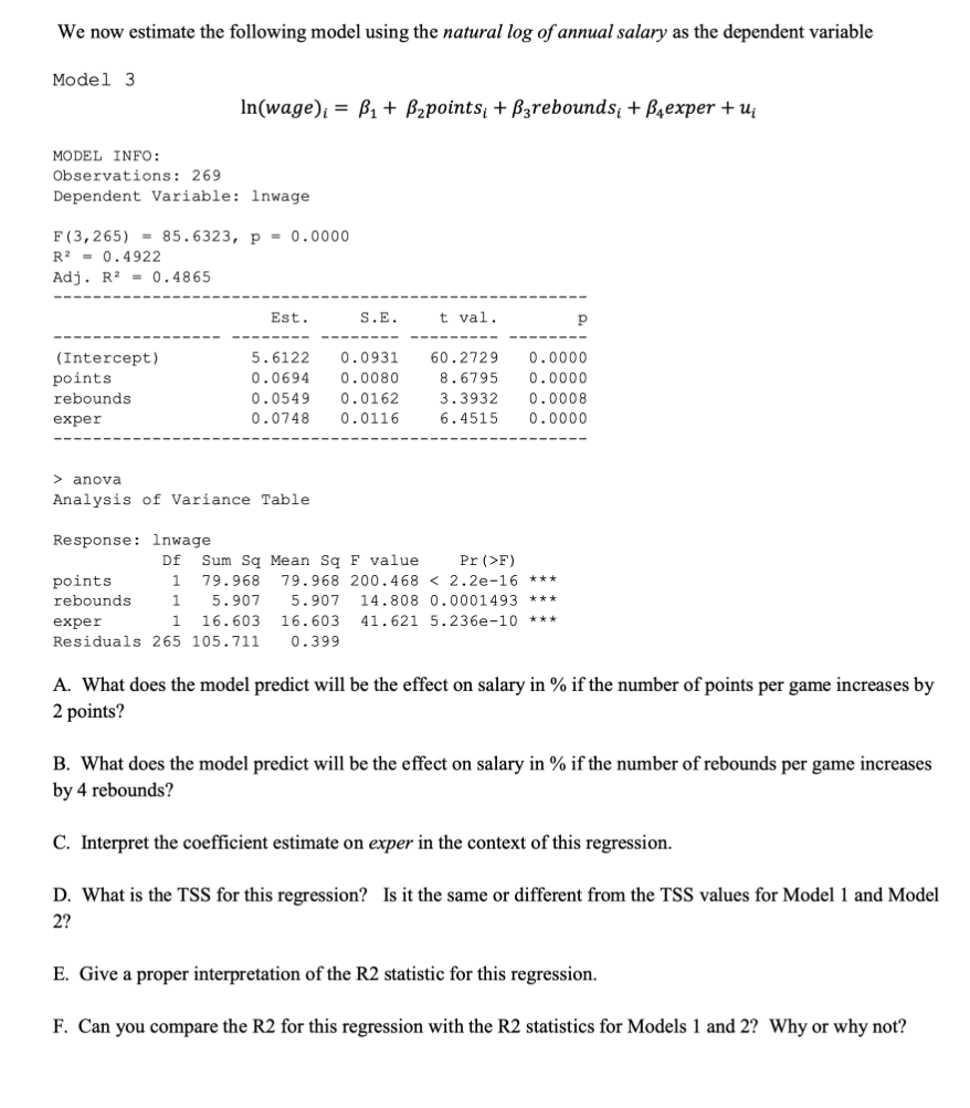 Solved We now estimate the following model using the natural | Chegg.com
