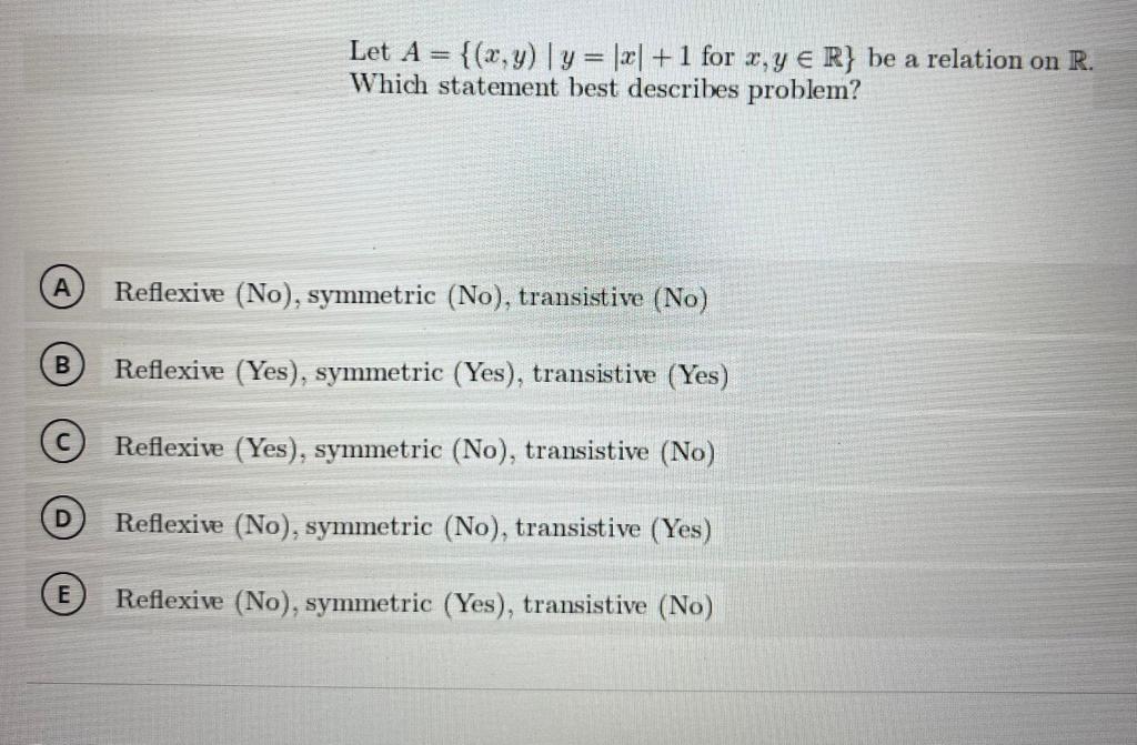 Solved Let A={(x,y)∣y=∣x∣+1 for x,y∈R} be a relation on R. | Chegg.com