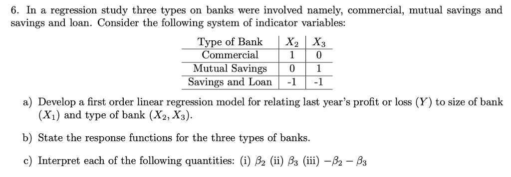 Solved 6. In a regression study three types on banks were | Chegg.com