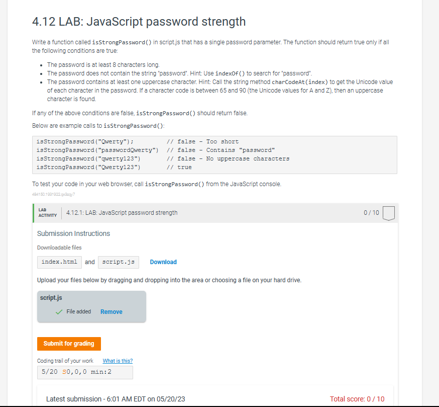 Solved 4.12 LAB: JavaScript password strength Write a | Chegg.com