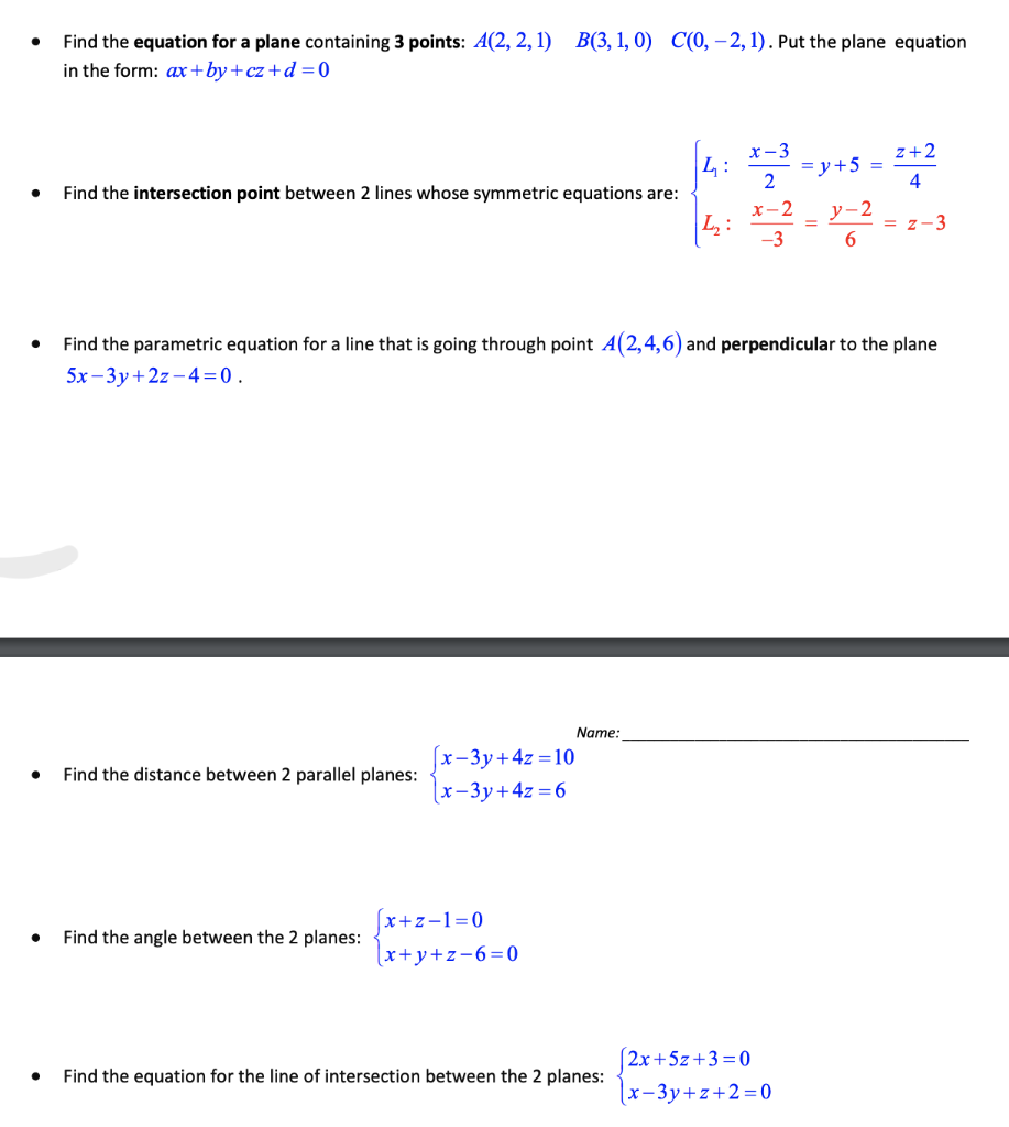 Solved Find the equation for a plane containing 3 points: | Chegg.com