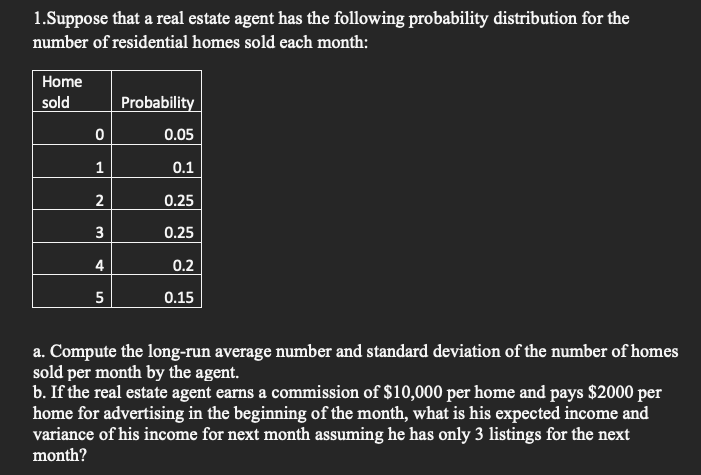 Solved 1.Suppose that a real estate agent has the following | Chegg.com