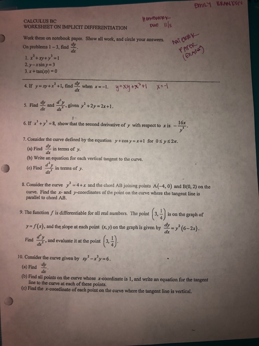 Solved CALCULUS BC WORKSHEET ON IMPLICIT DIFFERENTIATION | Chegg.com