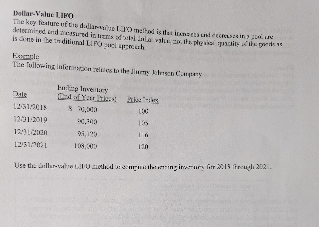 Solved Dollar Value Lifo The Key Feature Of The Dollar Value