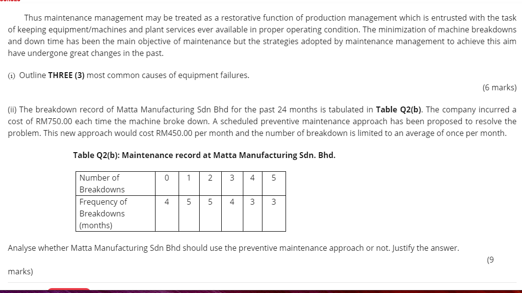 Solved Q2) b) Maintenance management is an important | Chegg.com