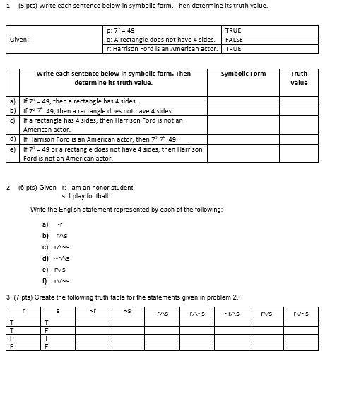 Solved 1 5 Pts Write Each Sentence Below In Symbolic Chegg