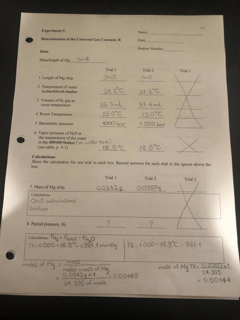 Solved Experiment 9 Name Determination of the Universal Gas | Chegg.com