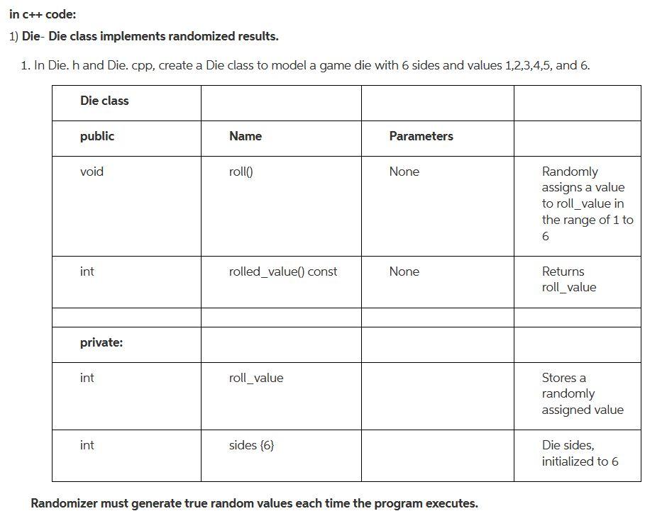 in c++ 1) Die- Die class implements | Chegg.com
