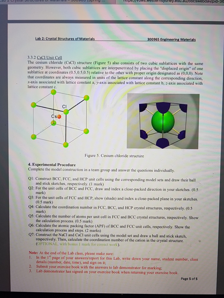 Solved vuws.westernsydney.edu.au Lab 2 Crystal Structures of | Chegg.com