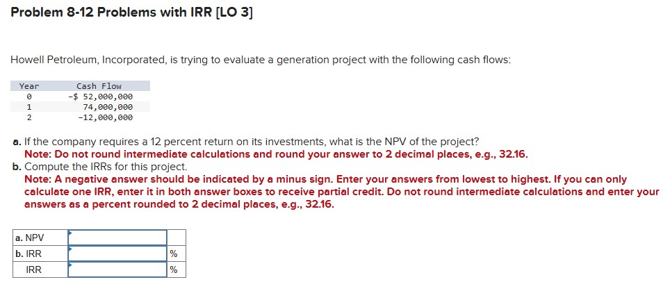 Solved Problem 8-12 ﻿Problems with IRR [LO 3]Howell | Chegg.com