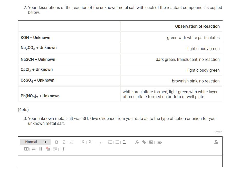 In this lab we were given an unknown metal salt | Chegg.com