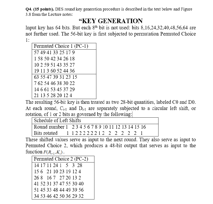 Q4. (15 points). DES round key generation procedure | Chegg.com