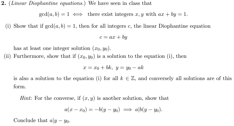 Solved 2. (Linear Diophantine equations.) We have seen in | Chegg.com