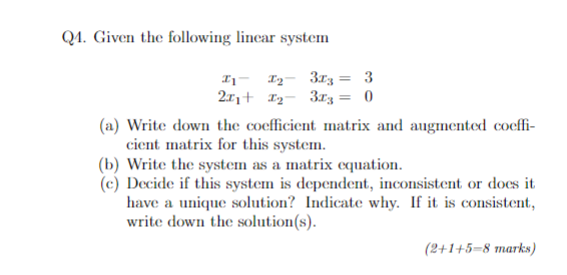 Q4. Given the following linear system | Chegg.com