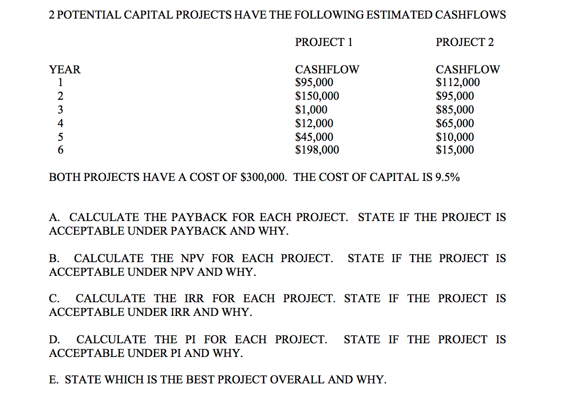 Solved 2 POTENTIAL CAPITAL PROJECTS HAVE THE FOLLOWING | Chegg.com